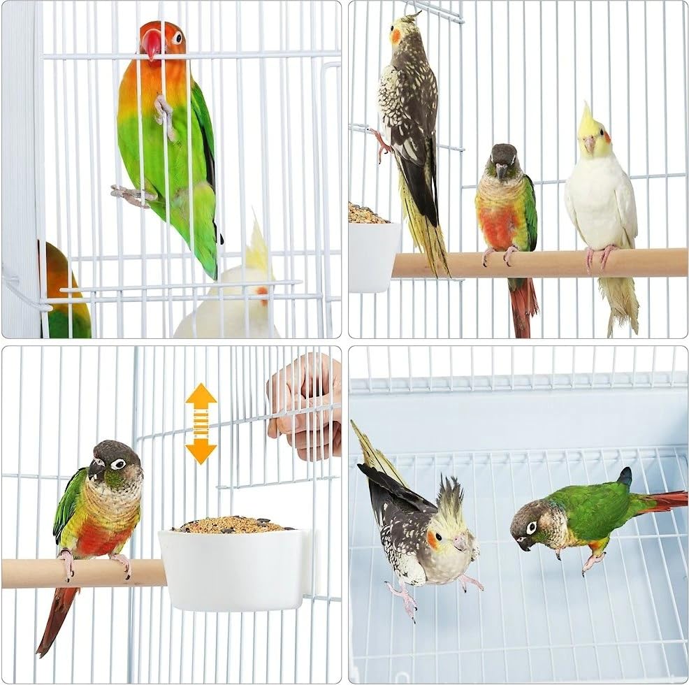 TENAS Deluxe Spacious Bird Cage - Interactive Play Top - Wire Construction - Rust Resistant Paint Coating - Wooden Perch - Convenient Small Feeder Door - Removable Rolling Bracket Metal (White)