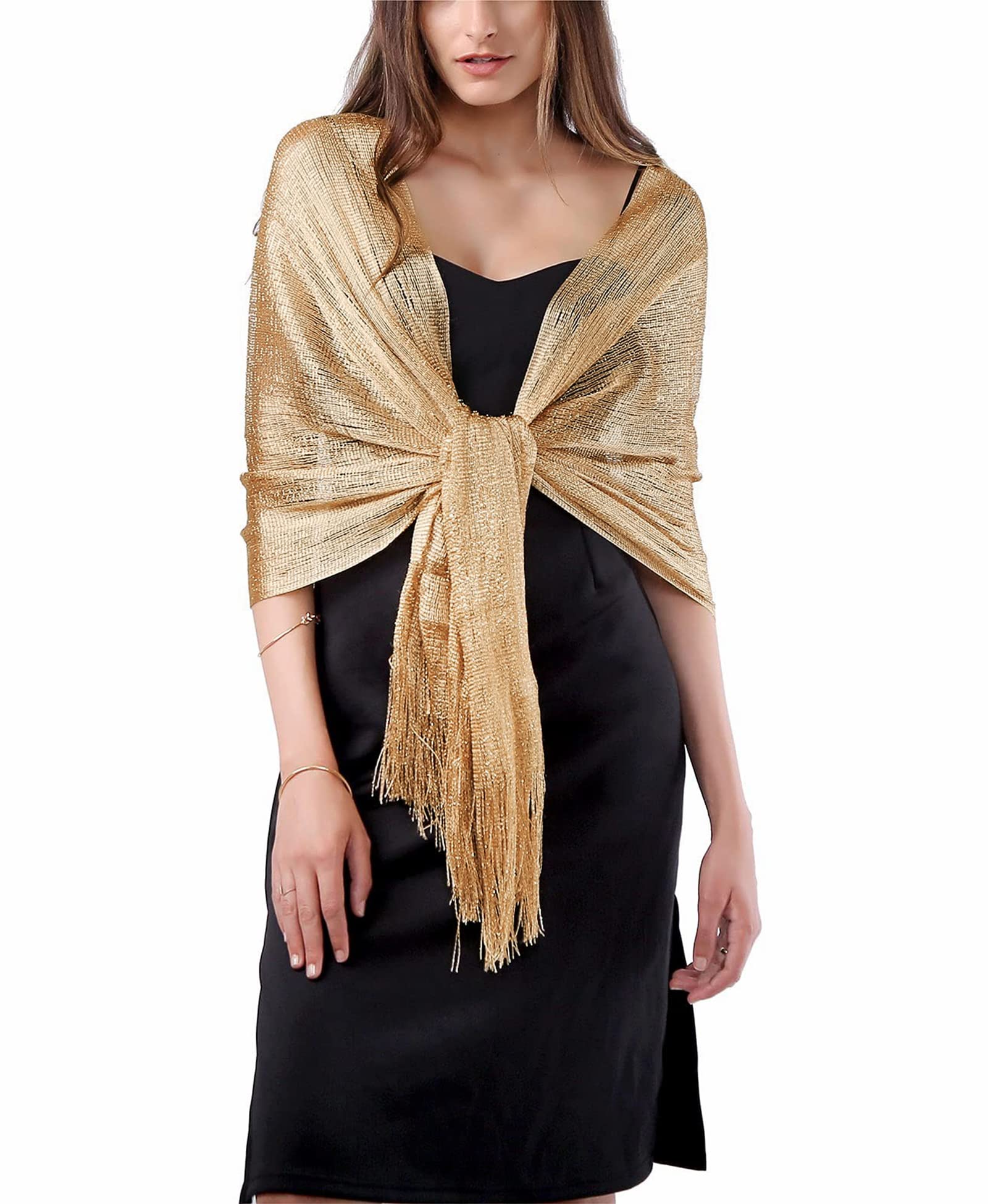 Womens Wedding Evening Wrap Shawl Glitter Metallic Prom Party Scarf with Fringe, 3 Metallic Gold