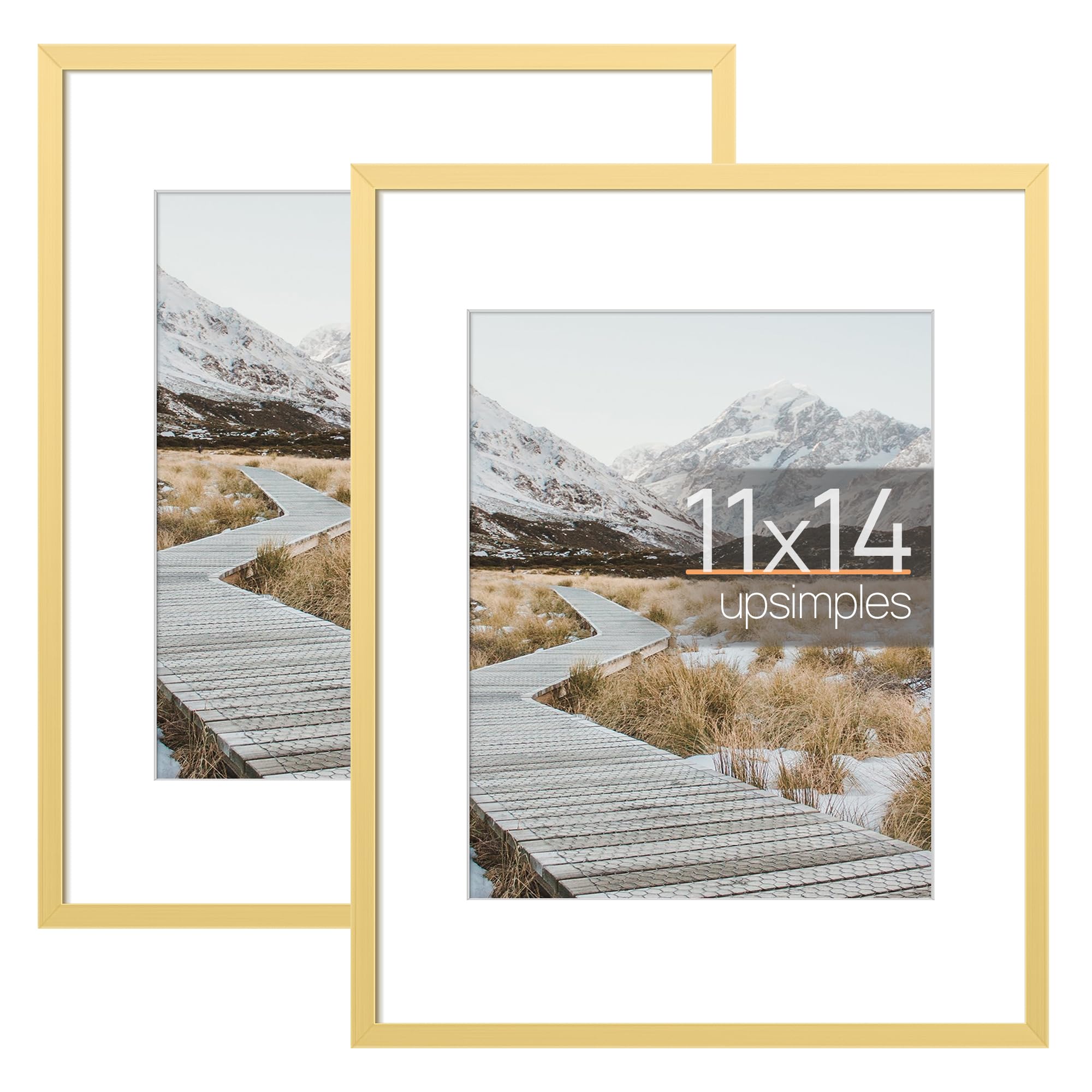 upsimples 11x14 Aluminum Picture Frame with mat for 8x10, Gallery Wall Decor Metal Photo Frames Set of 2, Gold