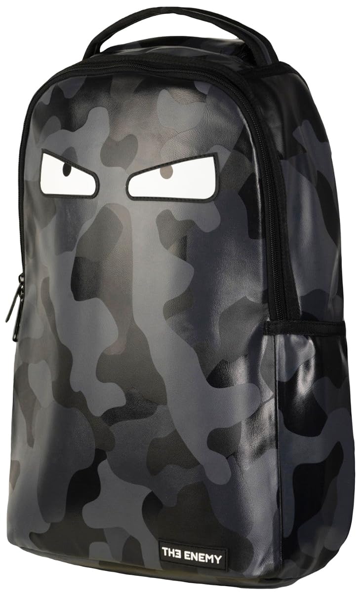 The Enemy Camo Bagpack, Unisex Eco PU Leather Backpack with Exclusive Blackout Zippers, Black Camo, One Size
