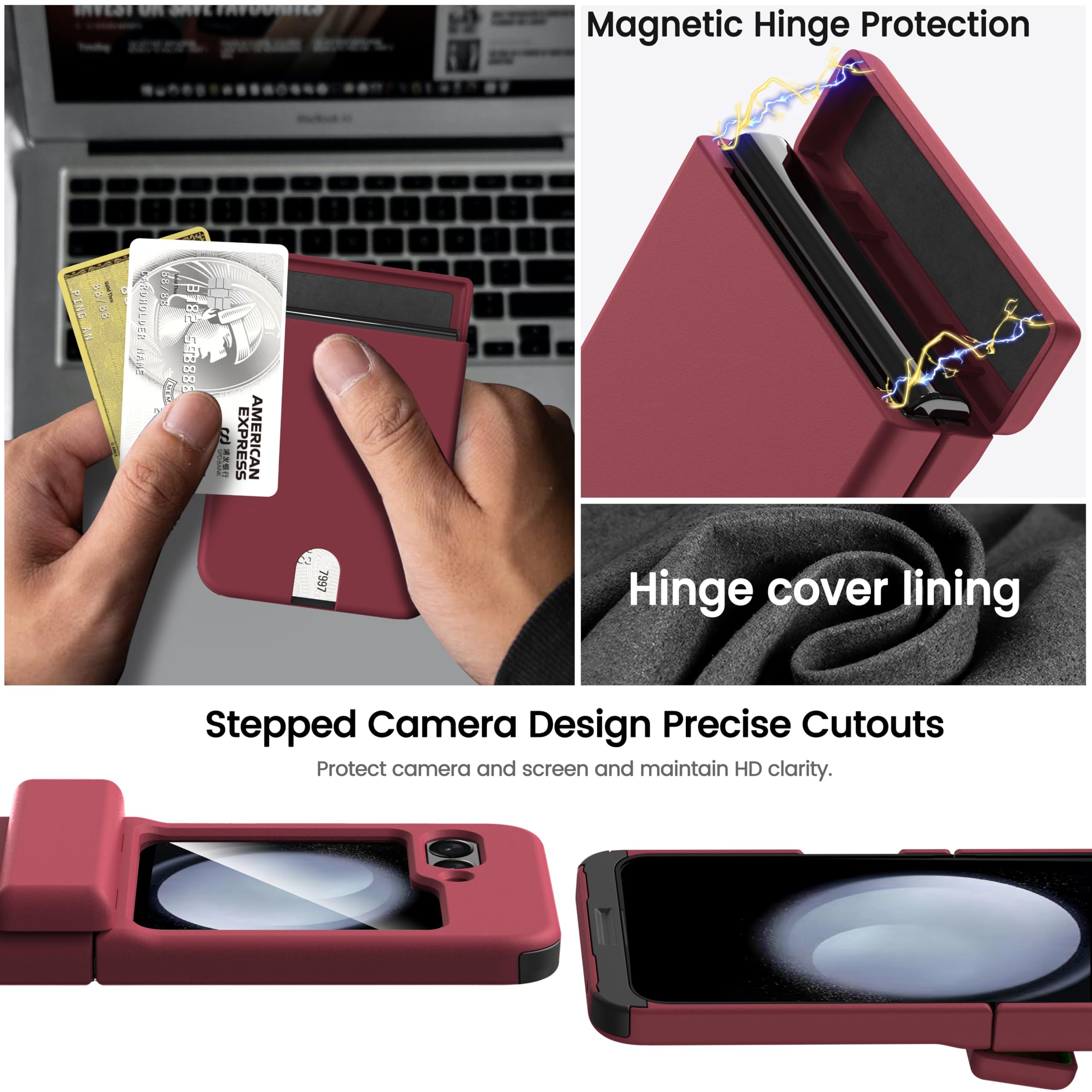 X-FOUR Compatible with Galaxy Z Flip 5 Case with Hinge Protection Card Holder & Screen Protector - Hard PC TPU Anti-Slip Shockproof Protective Case for Samsung Galaxy Z Flip 5 (Burgundy)
