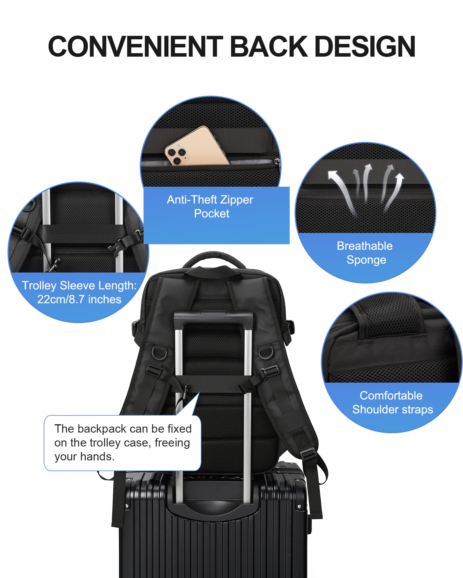 VECAVE Travel Backpack for Women Men,Carry On Backpack,Expandable Airline Airplane Approved Weekenders Backpack,Fit 15.6 Inch Laptop Waterproof 40L Travel Backpack Black