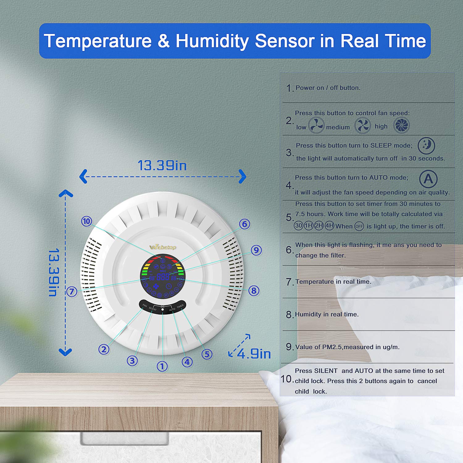 Webetop HEPA Filter Air Purifiers for Home Office Bedrooms Air Purifiers with True HEPA HESA Filter for Large Room with Optional Night Light