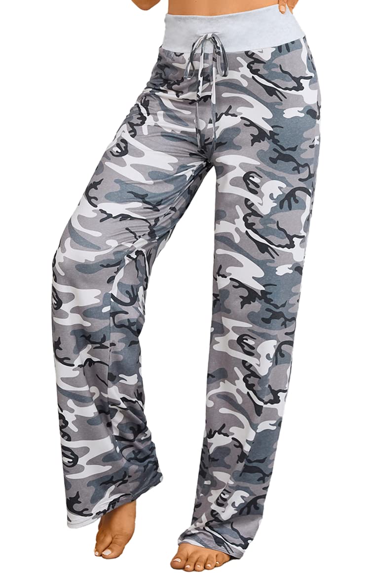 X-Image Women's Pajamas Comfy Pajama Lounge Pants Floral Print Drawstring Wide Leg Palazzo Pants Grey 5, Large