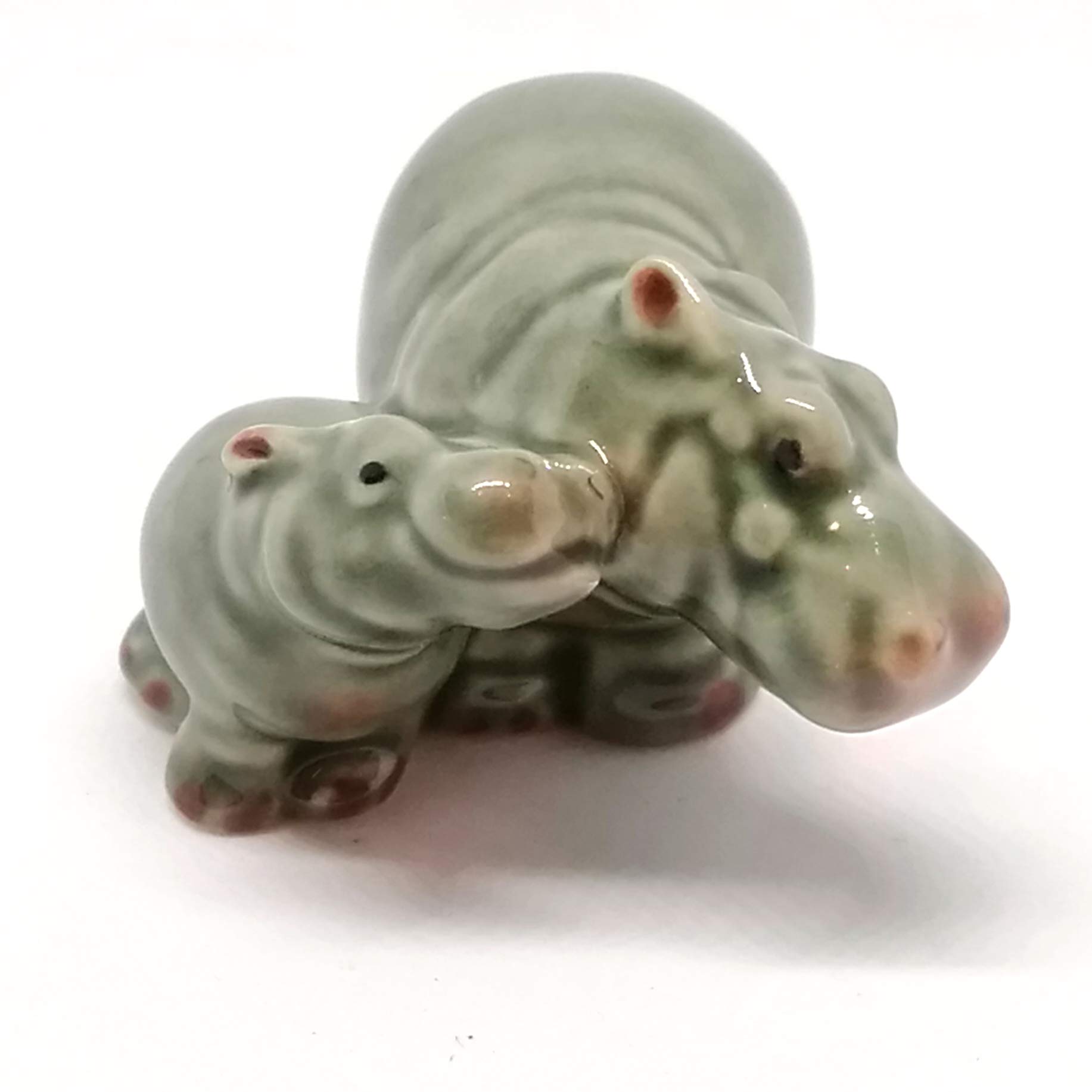 ZOOCRAFT Ceramic Hippo Figurine Mom and Baby Hand Painted Porcelain Terrarium Garden Decor Collectibles