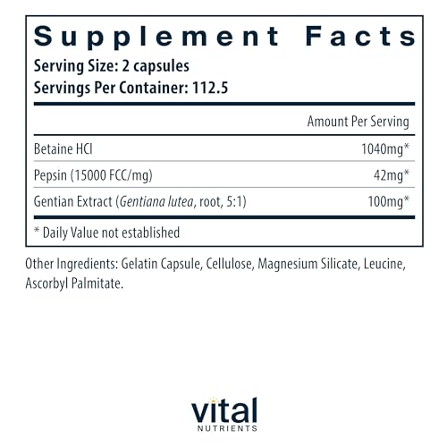Vital Nutrients Betaine HCL Pepsin with Gentian Root Extract | Digestive Enzyme Formula to Support Protein Digestion and Nutrient Absorption* | Gluten, Dairy, Soy Free | 225 Capsules