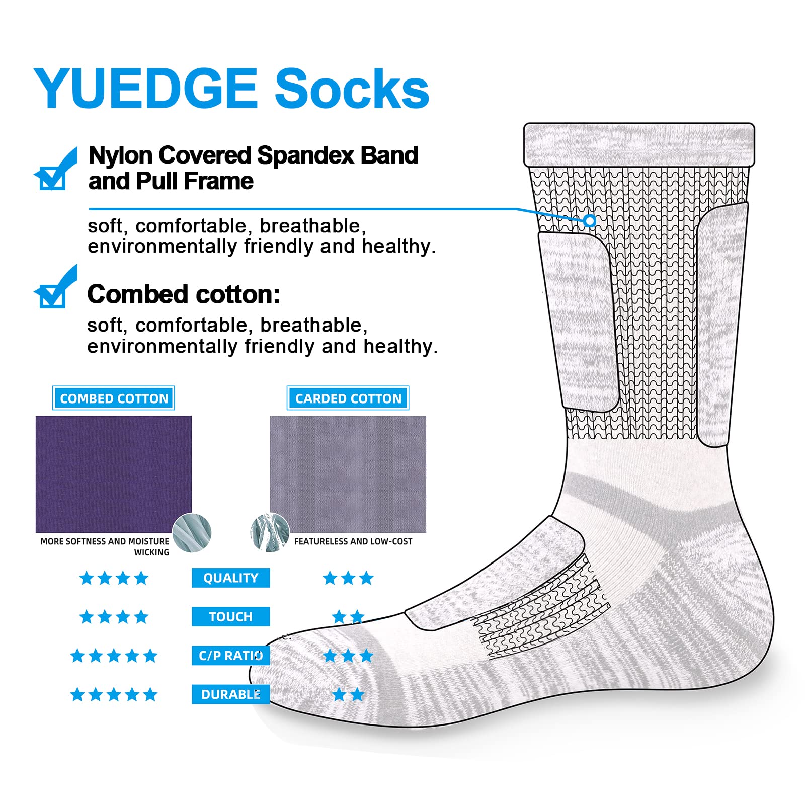 YUEDGE 5 Pairs Breathable Cotton Terry Cushioned Crew Athletic Socks Walking Hiking Socks Padded Thermal Work Boot Socks for Men 9-11