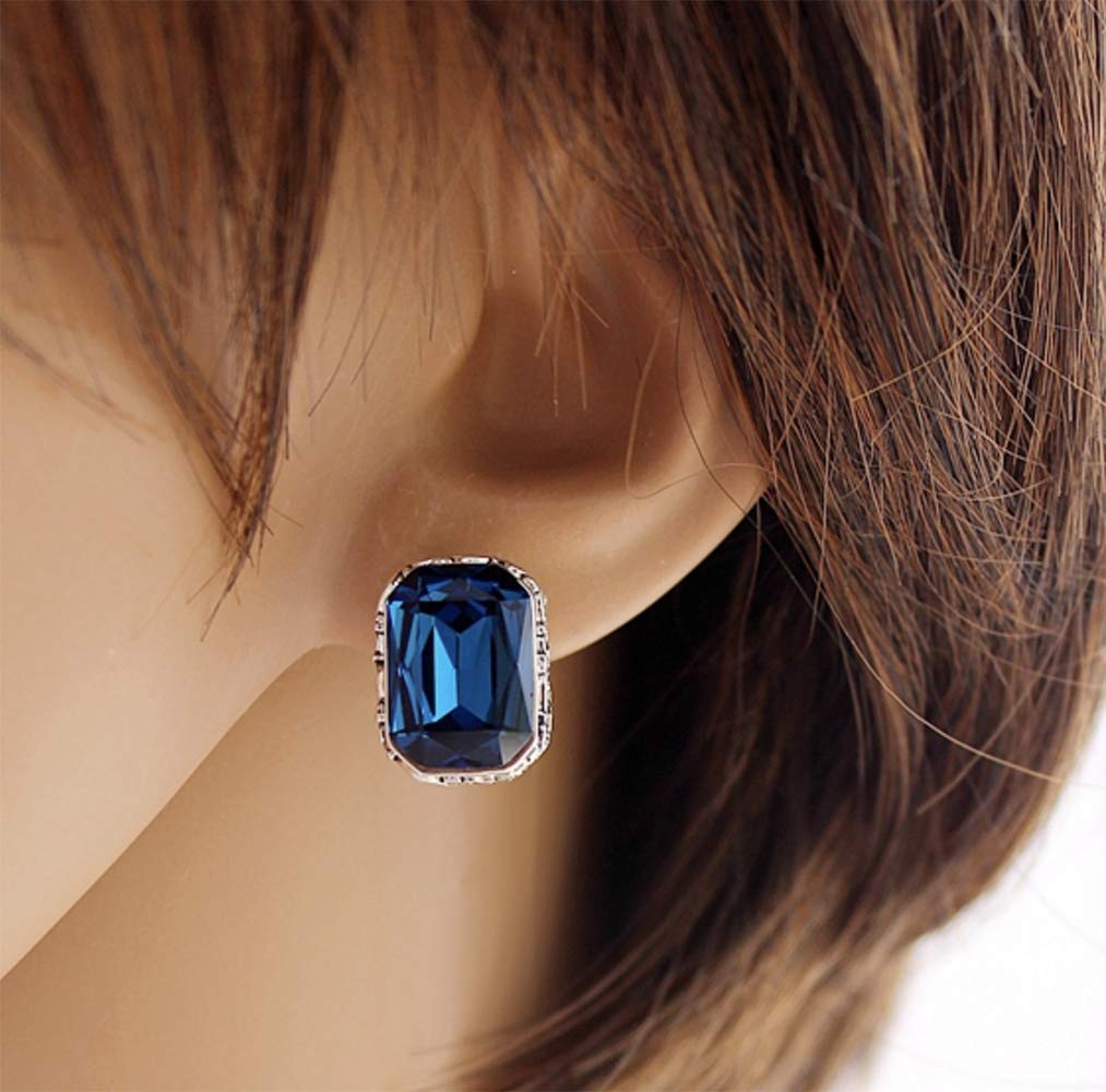 White Gold Plated Rectangle Shaped Sapphire Blue Swarovski Elements Crystal Leverback Earrings Fashion Jewelry for Women