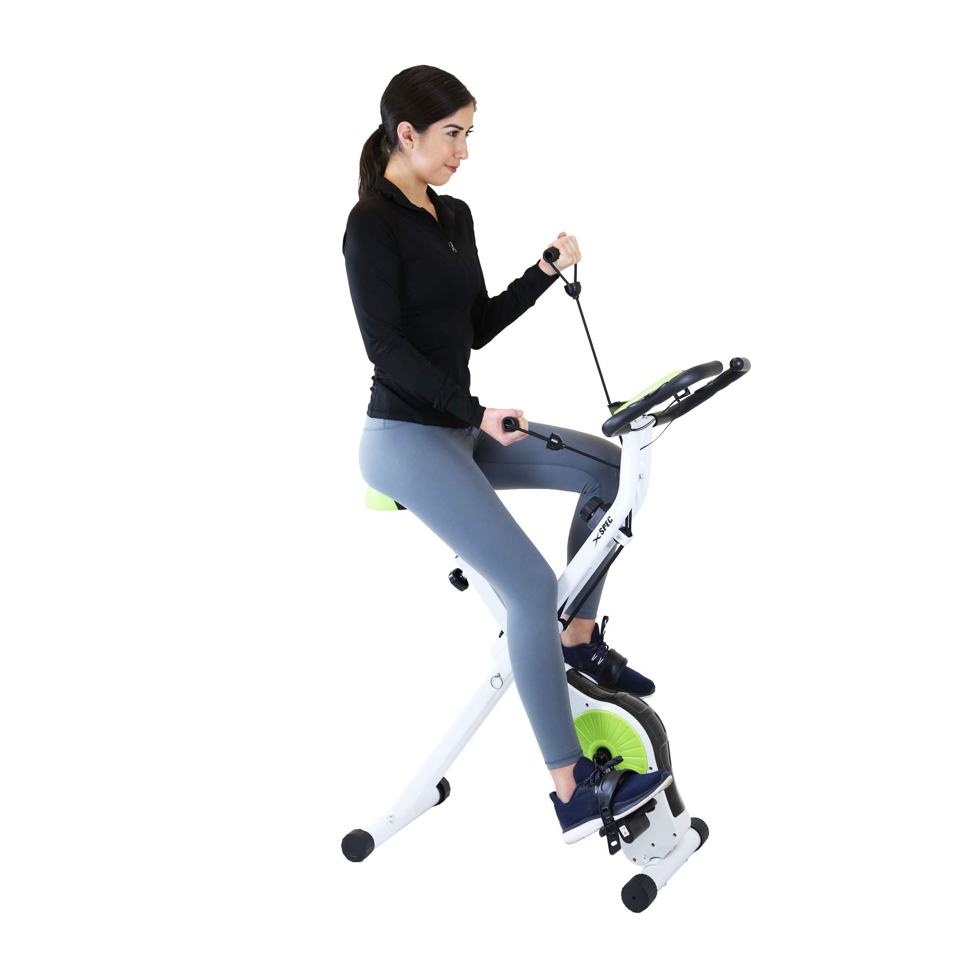 Xspec Indoor Foldable Stationary Upright Exercise Cardio Workout Cycling Bike with 16 Level Resistance & Arm Resistance Bands, Lime