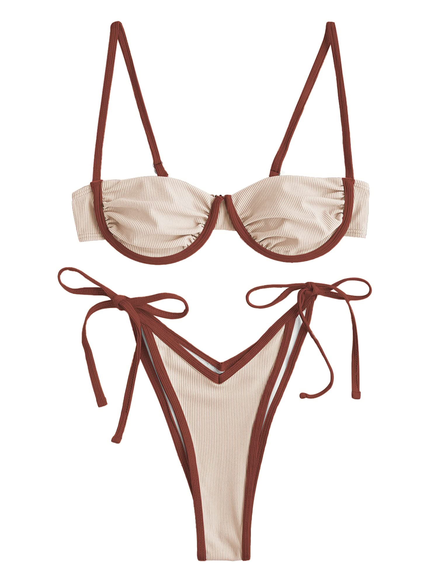 ZAFUL Women's Underwire Bikini High Cut Bikini Set Tie Side Bottom Two Piece Swimsuit Bathing Suit (2-Milk Tea,S)