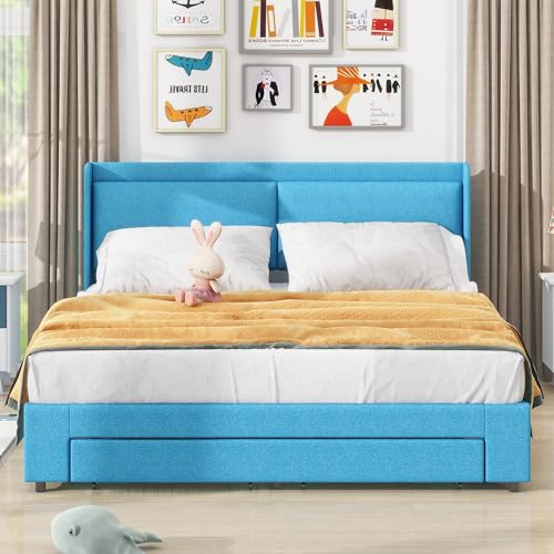 WOXYX Queen Size Platform Bed,Storage Upholstered Hydraulic Beds Frame with 2 Drawers,Blue