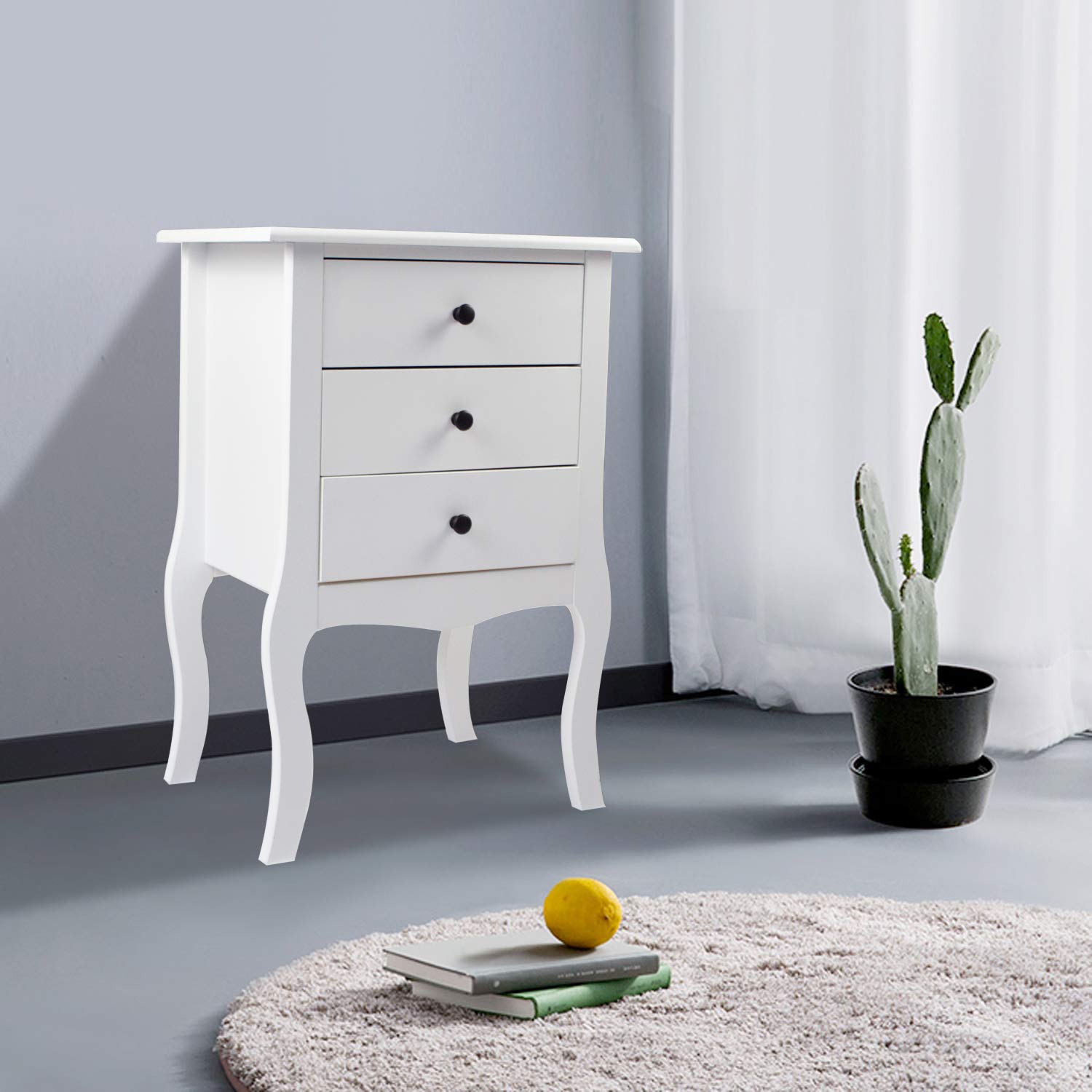 White Nightstand, Modern Bedside Table with 3 Drawers and Curved Legs, End Table with Black Round Handles, White Side Table for Bedroom, Living Room, Apartment, White