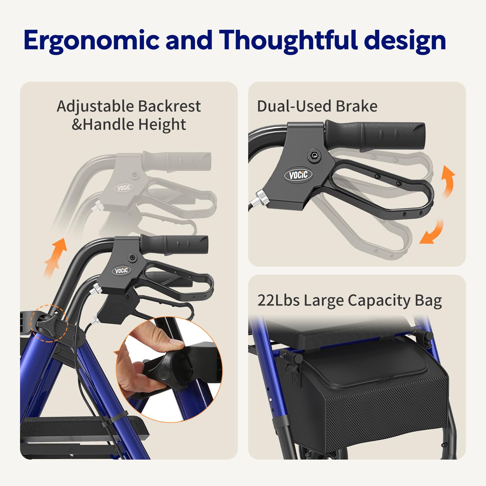Walkers for Seniors with Seat, VOCIC Lightweight Iron-Aluminum Combination Rollator with Seat for Seniors,Folding Walker with 8" Wheels-Pashion Blue