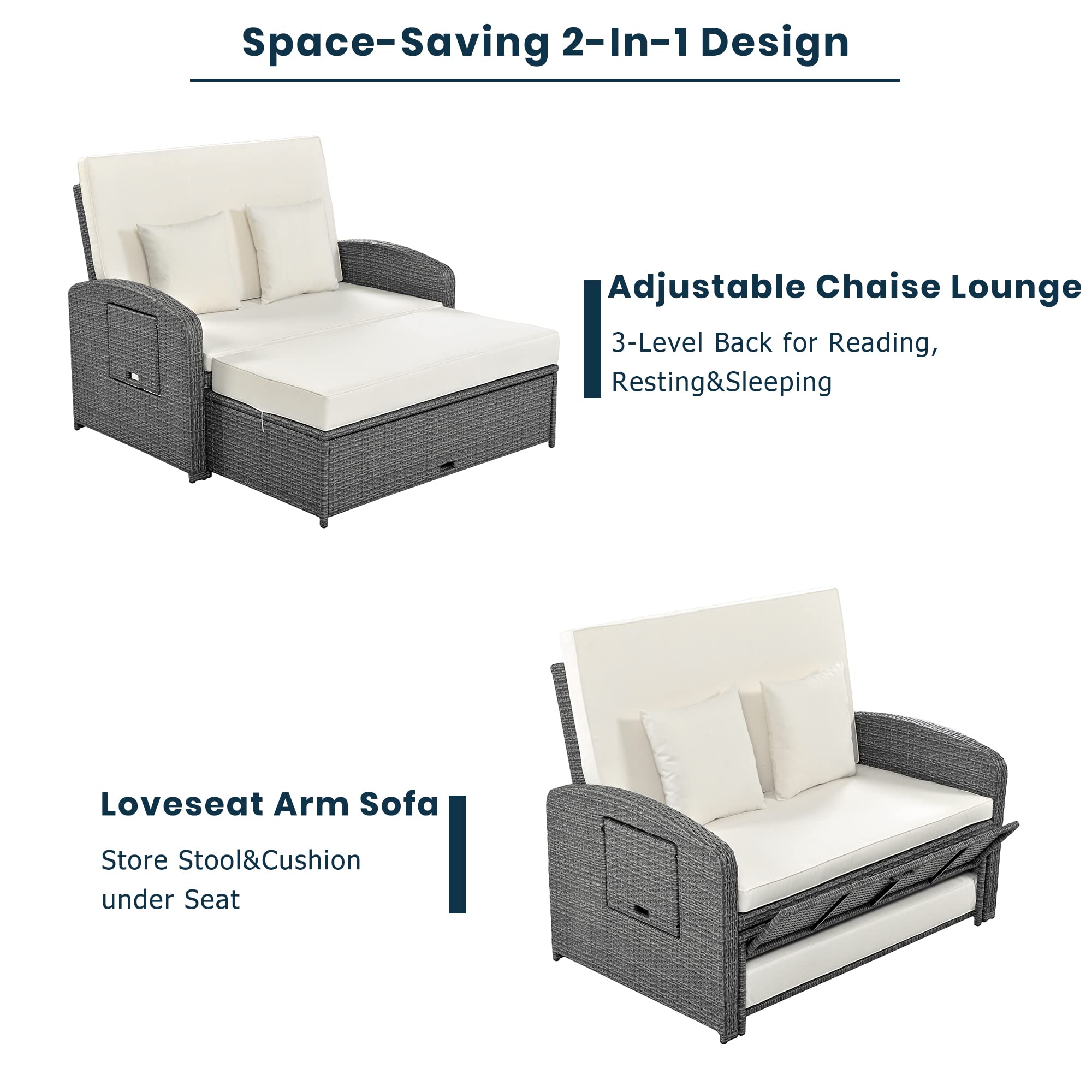 XD Designs Outdoor Patio Rattan Sunbed Double Chaise Lounge with Adjustable Back, All Weather PE Wicker 2-Person Reclining Conversations Set with Foldable Side Tables and Protection Cover (White-C)
