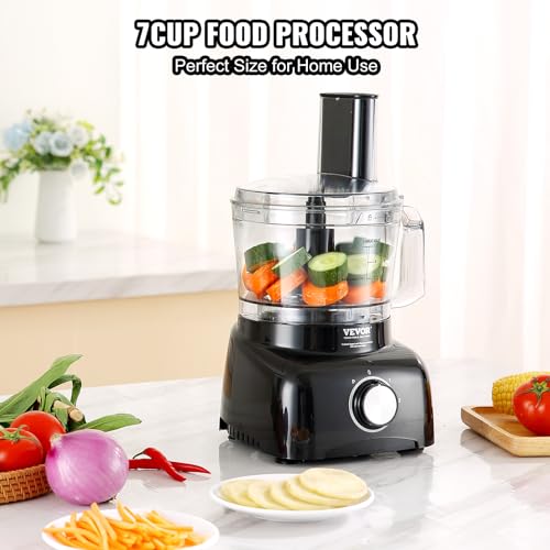 VEVOR Food Processor, 7 Cup Small Vegetable Chopper for Dough, Shredding, Slicing, Electric Meat Processors with 2 in1 Reversible SUS Disc, Large Feed Chute & Pusher, 2 Speed and Pulse for Home Use