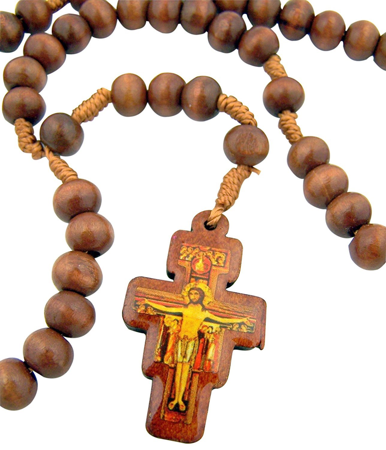 Wooden Bead Rosary with Saint Francis of Assisi Crucifix, 13 Inches