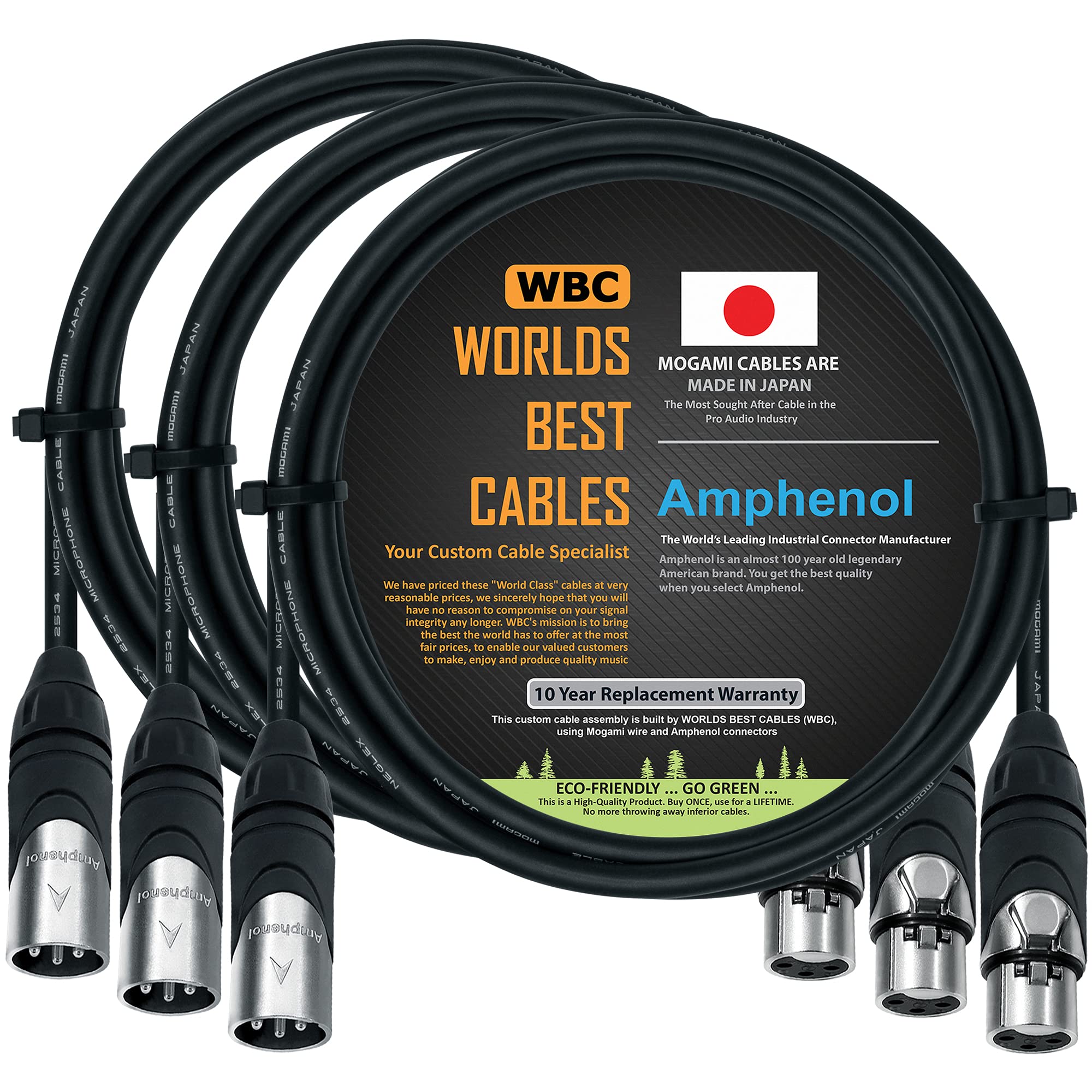 WORLDS BEST CABLES 3 Units - 6 Foot - Quad Balanced Microphone Cable CUSTOM MADE using Mogami 2534 wire and Amphenol AX3M Male & AX3F Female Silver XLR Plugs