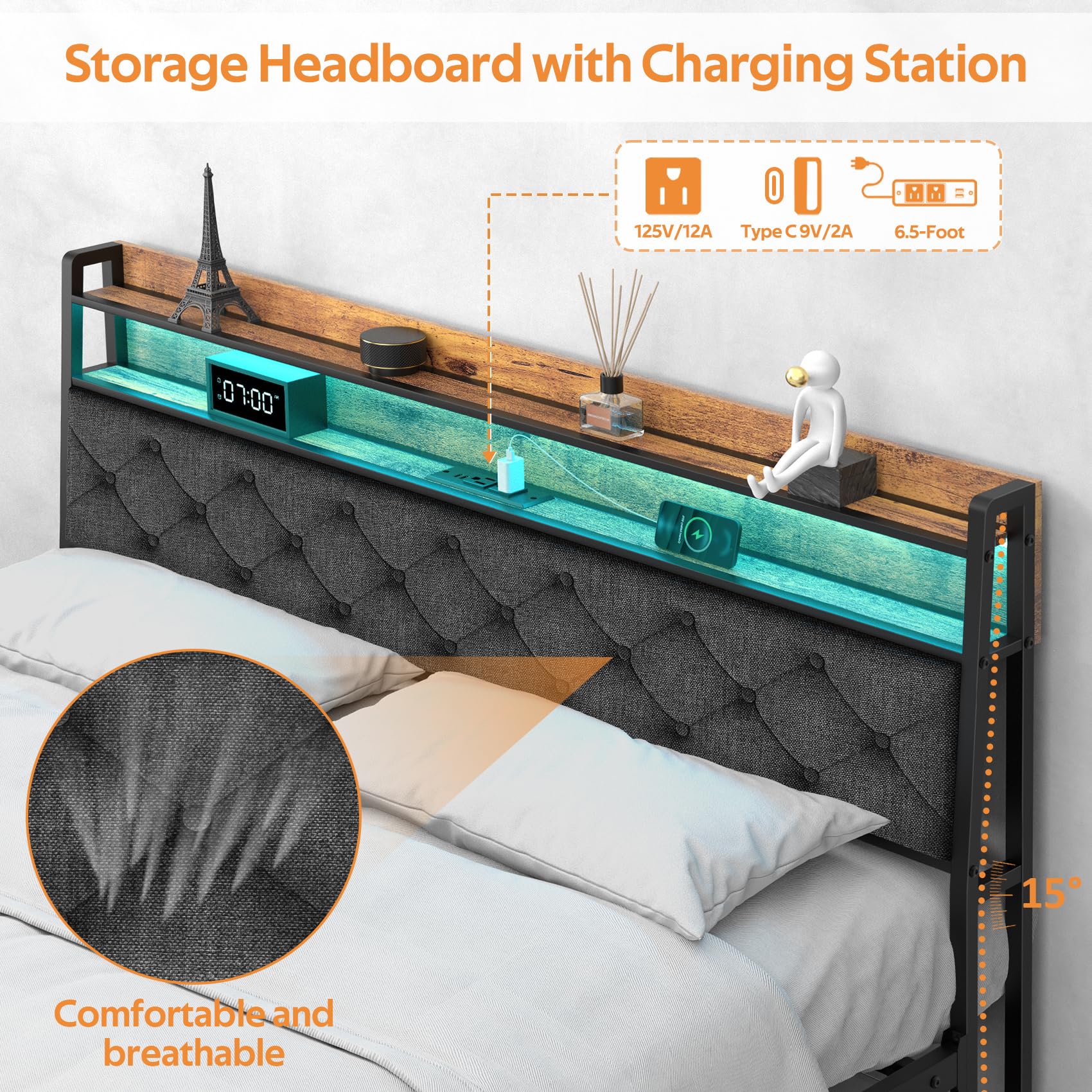 Winkalon Queen Bed Frame with Headboard, Bed Frame with Charging Station, Metal Platform Bed Frame No Box Spring Needed, Modern Wood Upholstered Headboard and Under Bed Storage.