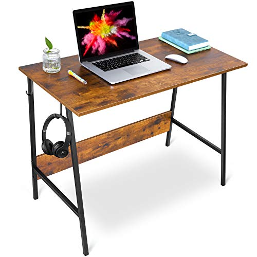 WEWILL Computer Desk Writing Study Table for Home Office,PC Notebook Writing Table with Stable Trapezoidal Metal Structure Modern Student Desk with Two Hooks,Easy to Install,Rustic Brown