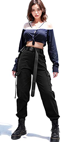 VANGULL Womens High Waisted Cargo Pants Pockets Casual Loose Combat Twill Trousers Girls Black