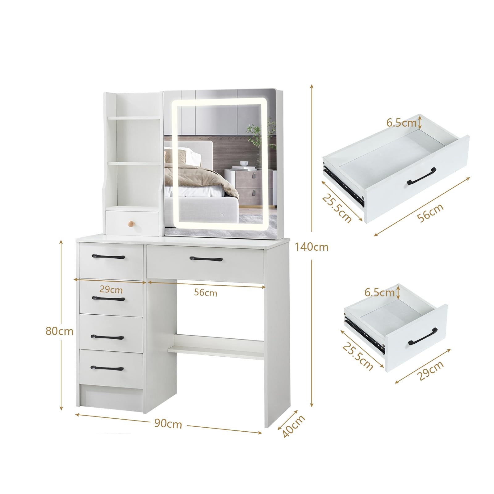 White Vanity Desk with Mirror and Lights, Vanity Table with LED Lighted Mirror, 6 Drawers Large Makeup Table with Lots Storage, Bedroom Sets Vanity Mirror with Lights Desk and Chair