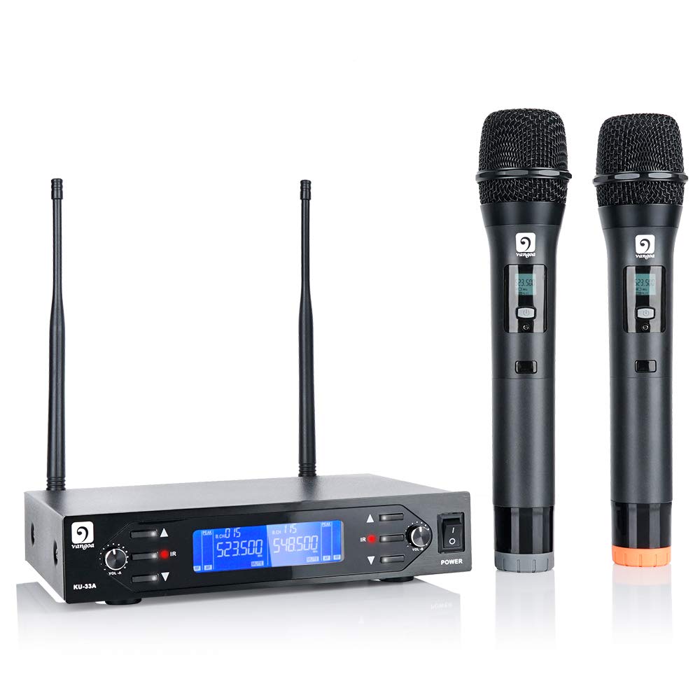 Vangoa UHF Wireless Microphone System, Professional Dual Channel Handheld Dynamic Mic Set, 328ft, High Sensitive Mic System for Karaoke, Church, Party, DJ, Meeting, Wedding