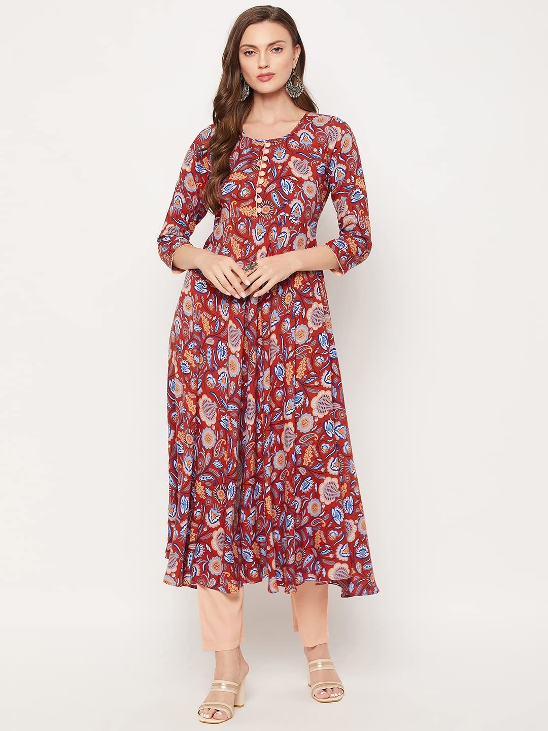 Tissu Women's Rayon Orange & Blue Floral Printed A-Line Kurta (Tissu-2197-Orange_M)