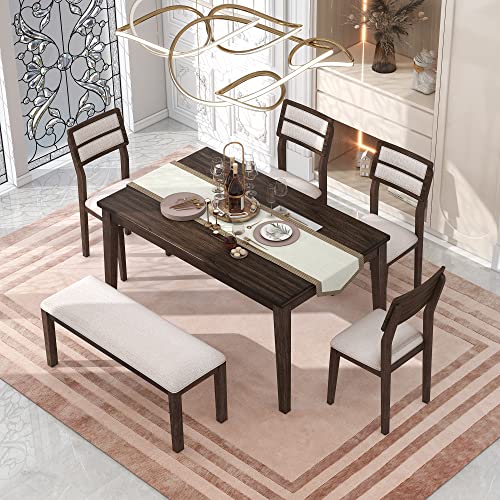 Voohek, Espresso 6-Piece Rectangular Trapezoid Dining Table with Wood Grain Tabletop, 4 Fabric Chairs and 1 Bench, Solid Woodframe Kitchen Furniture w/Plastic Foot Pads, for 4 People