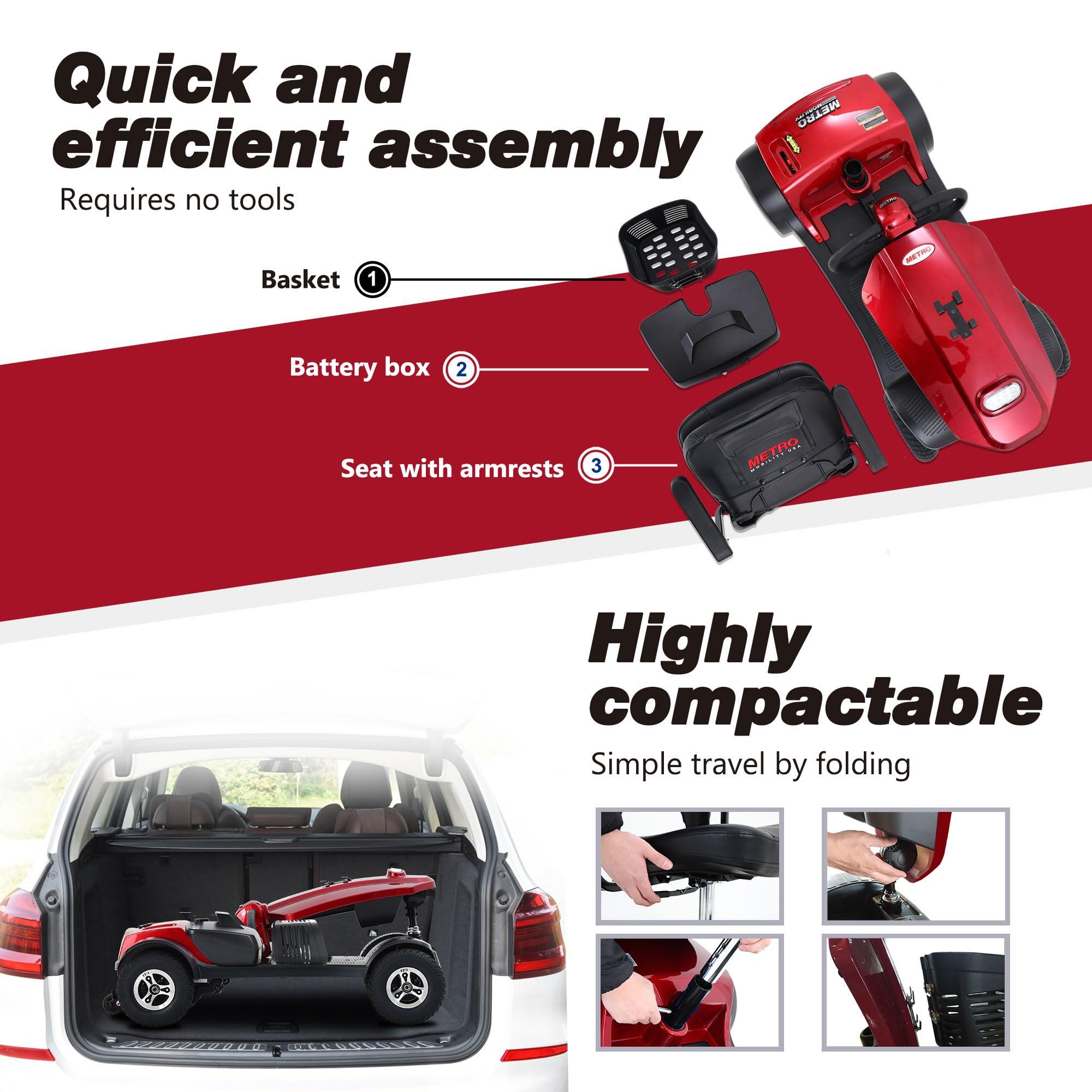 Xmatch 4-Wheel Metro Mobility Scooter Battery Powered with Front Basket Compact Foldable Seat (Red, WB30" Wind Guard & Suspension)