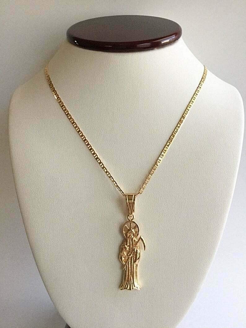 Yonune 18K GOLD PLATED GRIM REAPER NECKLACE 20" LONG / 18K BANO DE ORO CADENA DE LA SANTA MUERTE 20" LARGO-P77
