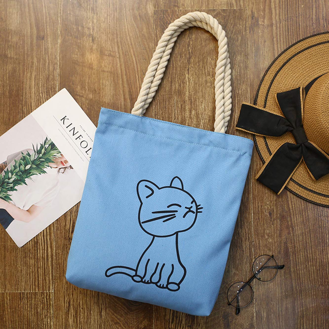Zipper Canvas Tote Bag with Inner Pocket, Portable and Ecofriendly, Cat-blue, 14.6" x 13.6" x 2?