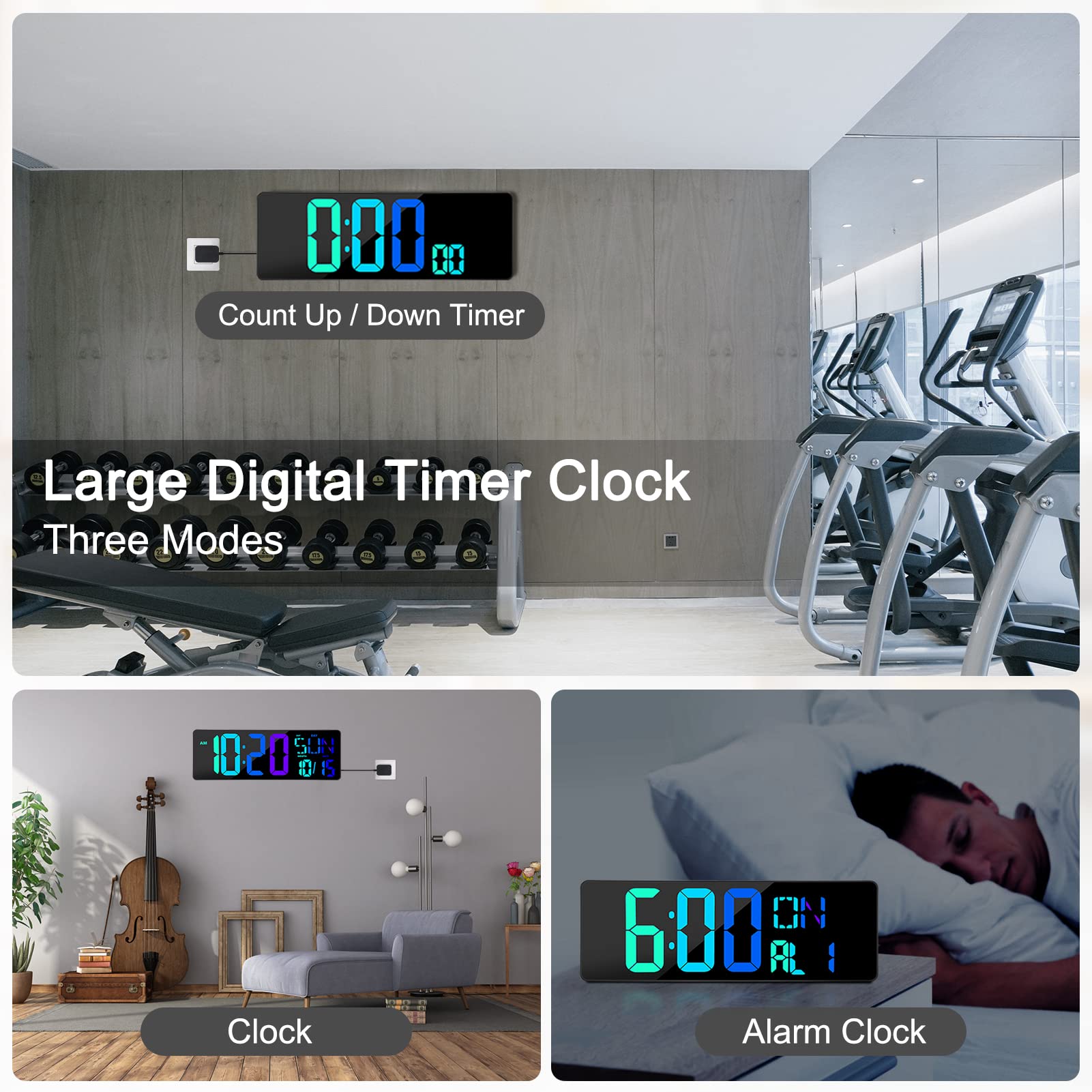 XREXS Large Digital Wall Clock with Remote Control, 17 Inch LED Large Display Count Up & Down Timer, Adjustable Brightness RGB Color Changing Clock Alarm Clock for Home, Gym, Office and Classroom