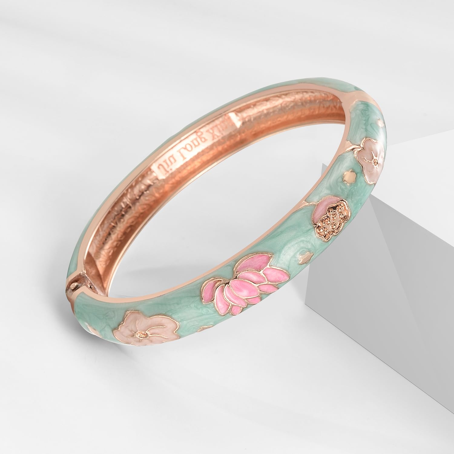 UJOY Elegant Bracelet Gold Plated Enameled Jewelry Spring Hinge Metal Cuff Cloisonne Bangles Set Gift Box Packed 55A82-55A117 green pink