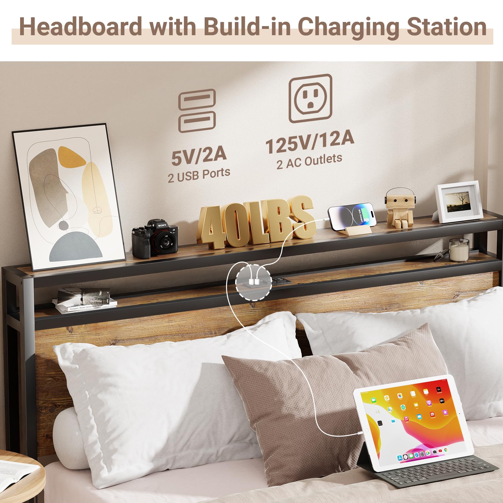 Zevemomo Queen Bed Frame, Queen Size Metal Platform Bed Frame with 2-Tier Storage Wood Headboard and Power Outlets, USB Ports Charging Station/No Box Spring Needed/Noise-Free/Easy Assembly/Brown