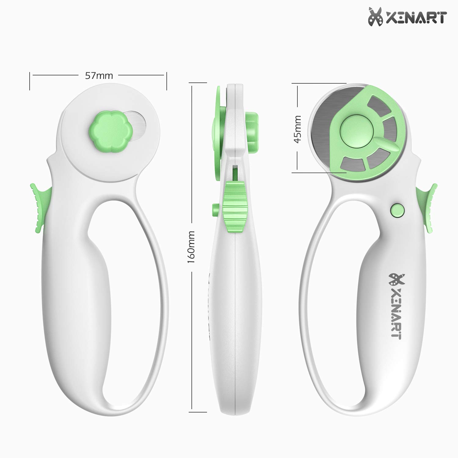 XINART 45mm Rotary Cutter for Fabric Safety Lock Ergonomic Classic Comfort Loop Fabric Small Rotary Cutter for Sewing Quilting Crafting (Extra 2pcs Replacement Blades Included)-Green