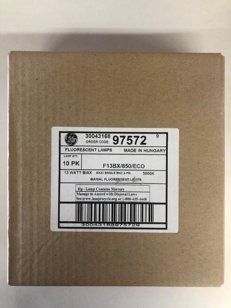 (case of 10) GE 97572 Ecolus Biax T4, F13BX/SPX50, 2 Pin GX23 Base, 5000K Color Temp, 13 watt, 784 lumen, plug-in compact fluorescent light bulb