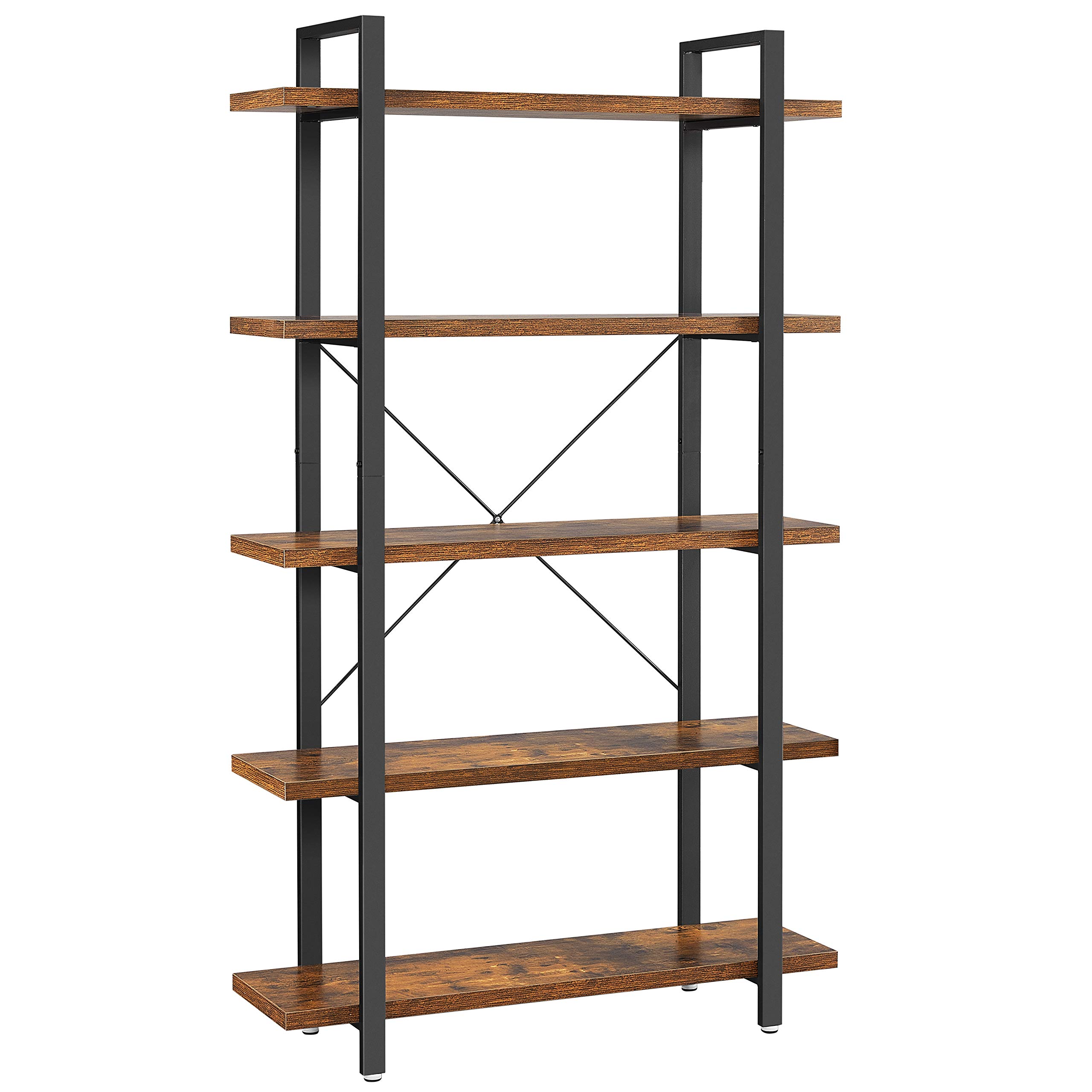 VASAGLE Industrial Bookshelf, 5-Tier Bookcase, Display Rack, Stable Ladder Shelf, Easy Assembly, Living Room, Bedroom, Office, Rustic Brown and Black ULLS55BX