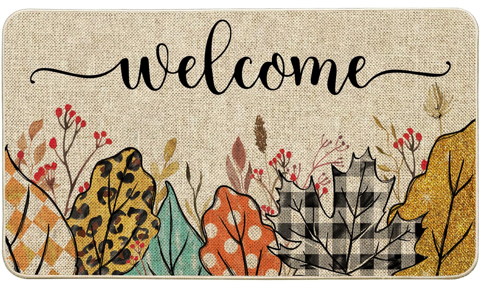 WHOMEAF Fall Thanksgiving Welcome Colorful Leaves Doormat Buffalo Plaid Maple Leaves Polka Dots Door Mats Farmhouse Entrance Low Profile Non Slip Floor Mat Out/Indoor for Home Decor 17 x 29 Inch