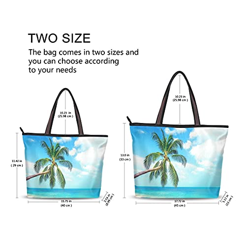 Zipper Tote Bag Lightweight Shoulder Handbag for WomenTropical Beach Palm Summer Long Top Beach Bags for Work Shopping Travel School,L