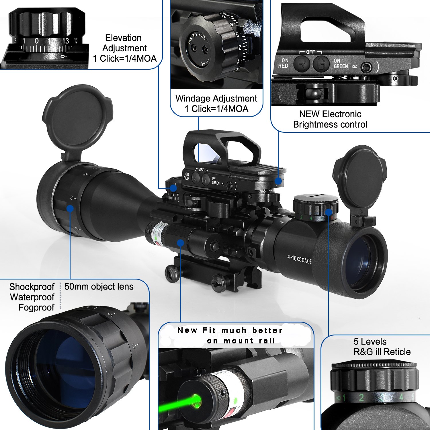 XOPin 4-16x50AO Rifle Scope Combo Dual Illuminated with Green Laser Sight 4 Holographic Reticle Red Dot for Rail Mount
