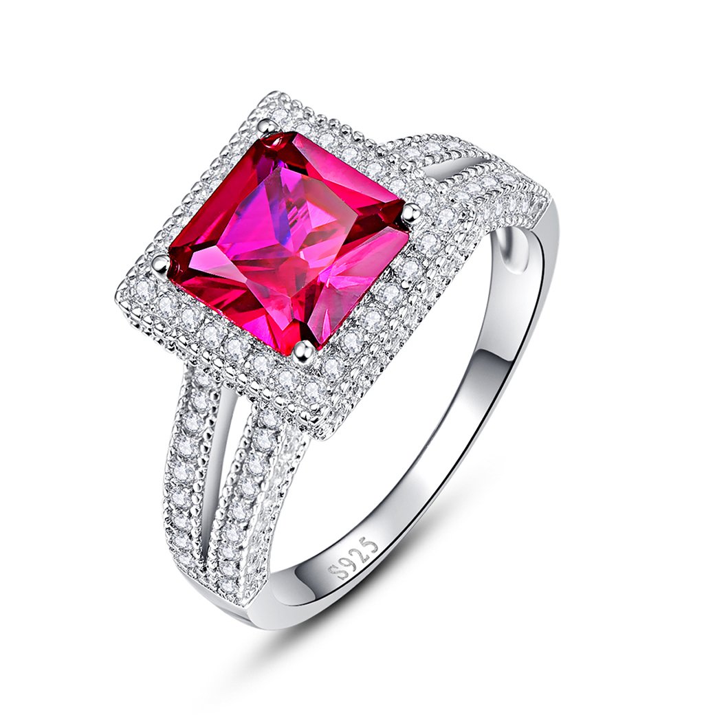 Zetaur 925 Sterling Silver Created Created Ruby Spinel Princess Cut Halo Cubic Zirconia Pave Split Shank Vintage Cocktail Wedding Engagement Anniversary Statement Eternity Ring for Women Size 8