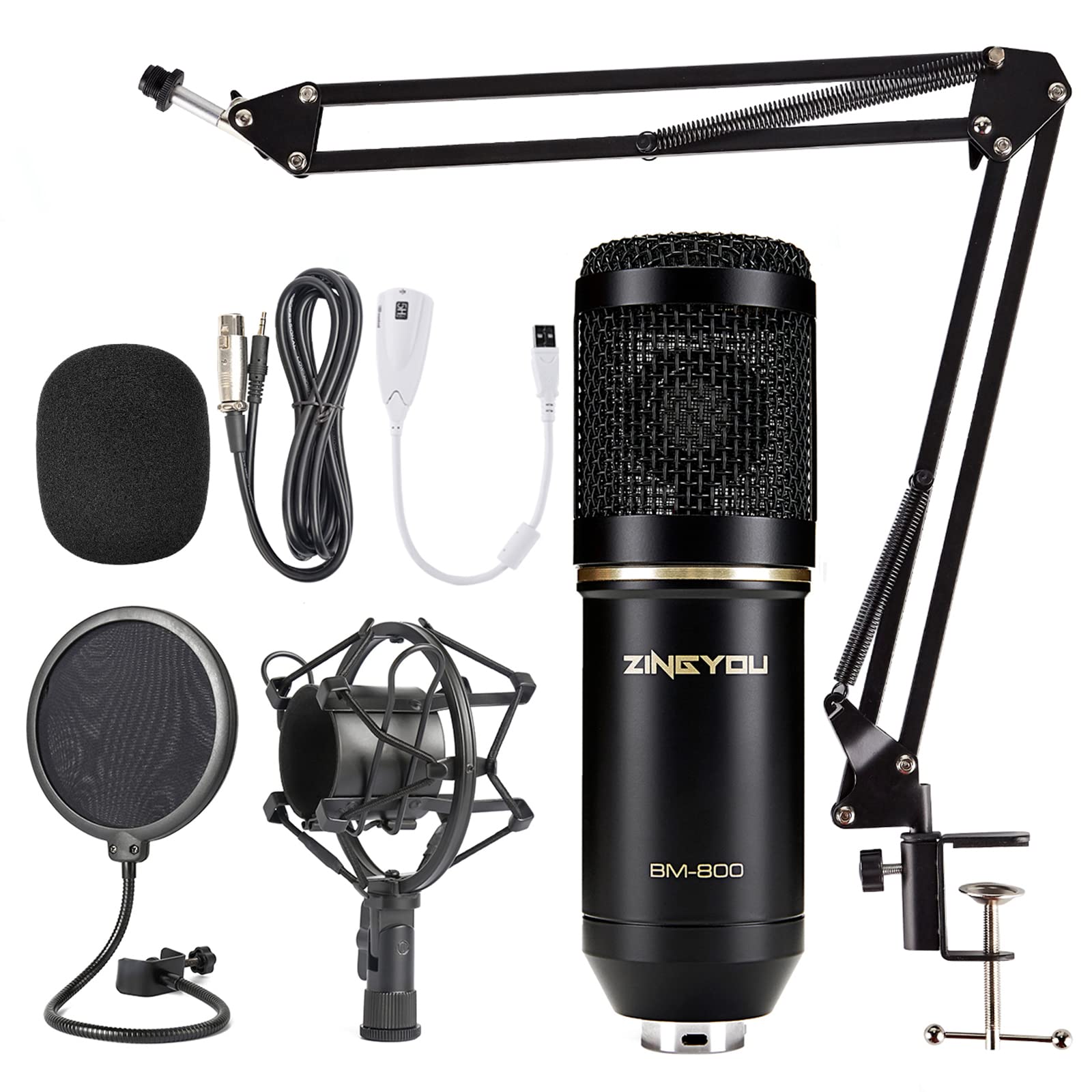 ZINGYOU Condenser Microphone Bundle, BM-800 Mic Set for Studio Recording & Brocasting (Microphone Kit (Black))