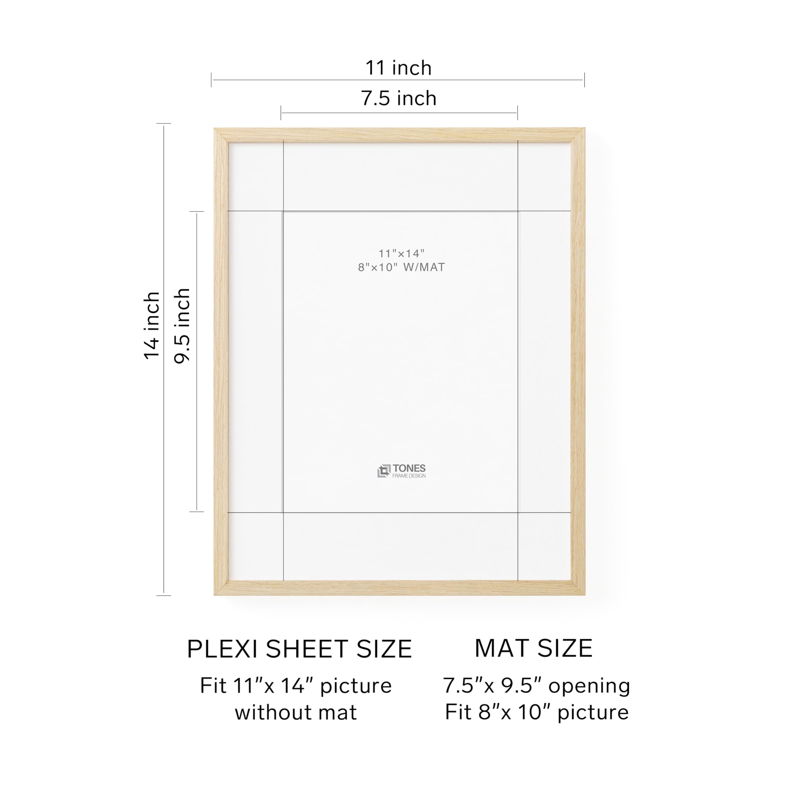 TONES FRAME DESIGN 11x14 Natural Wood Frame with 8x10 Mat, Set of 2 Picture Frames, Solid Wood Venner Finish, and Plexiglass Front for Poster Gallery Wall Home Decor
