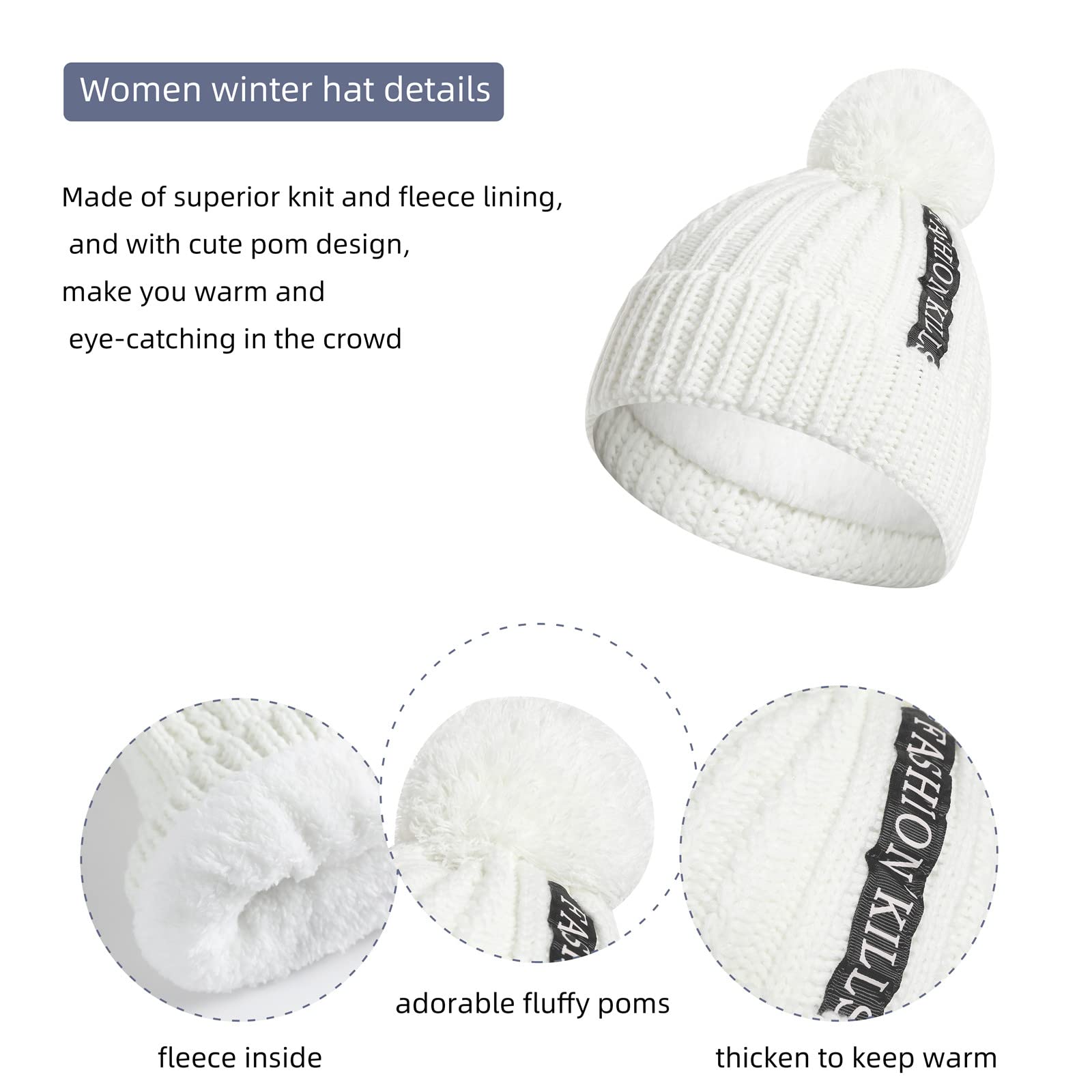 Yvechus 3 in 1 Winter Beanie Hat Scarf and Gloves Set Warm Knit Hat Thick Fleece Lined for Women (J White)