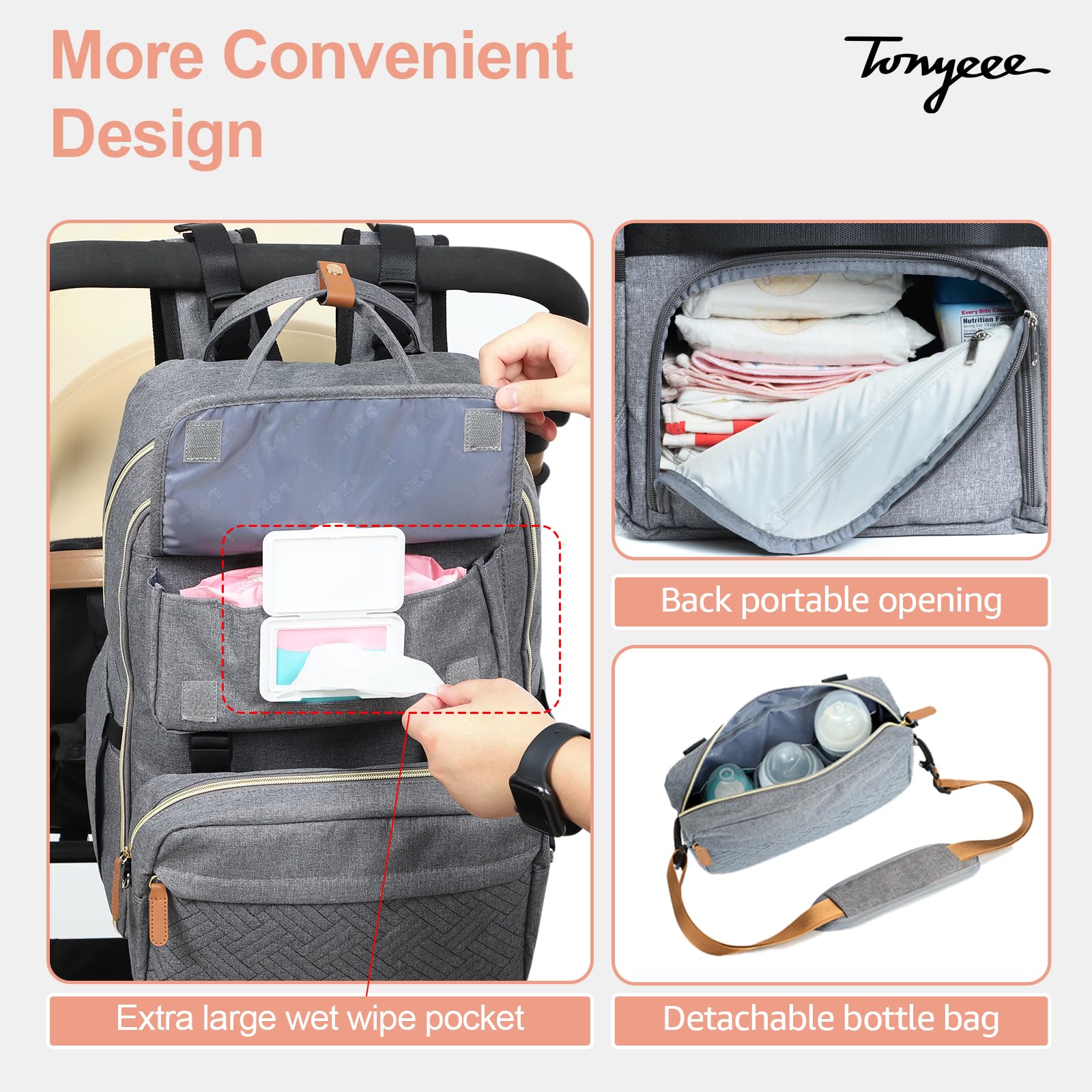 Tonyeee Diaper Bag Backpack- Removable Cross Body Bottle,Travel Essentials Baby Bag with Extras Cooler Bag and Changing Pad,Stylish Nappy Bag-Grey