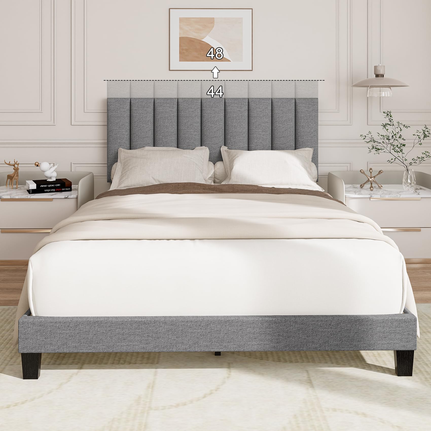 VERSAINSECT ze Bed Frame with Adjustable Headboard, Vertical Channel Tufted Linen Fabric, Wooden Slats Support, Mattress Foundation/Noise Free/No Box Spring Required/Easy Assembly