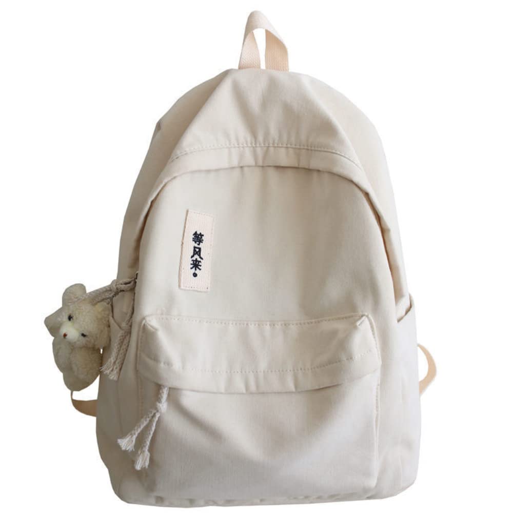 WEIIYONN Kawaii Backpack with Cute Bear Accessories Large Capacity for Laptop Aesthetic Bag for Women Canvas Pastel Bookbag (White)