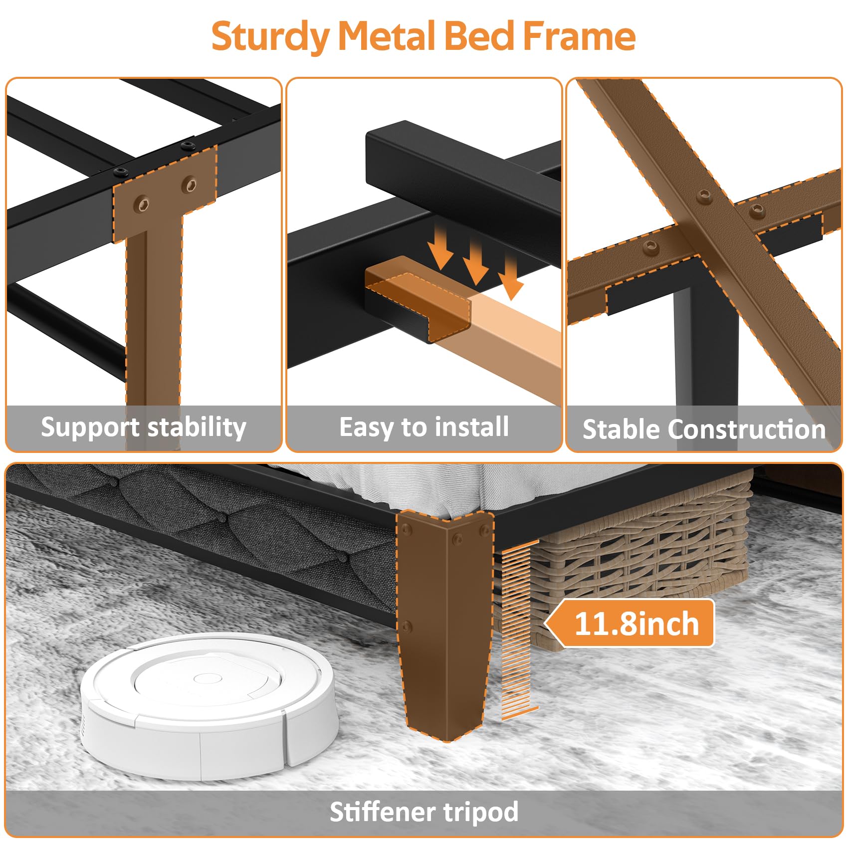 Winkalon Queen Bed Frame with Headboard, Bed Frame with Charging Station, Metal Platform Bed Frame No Box Spring Needed, Modern Wood Upholstered Headboard and Under Bed Storage.