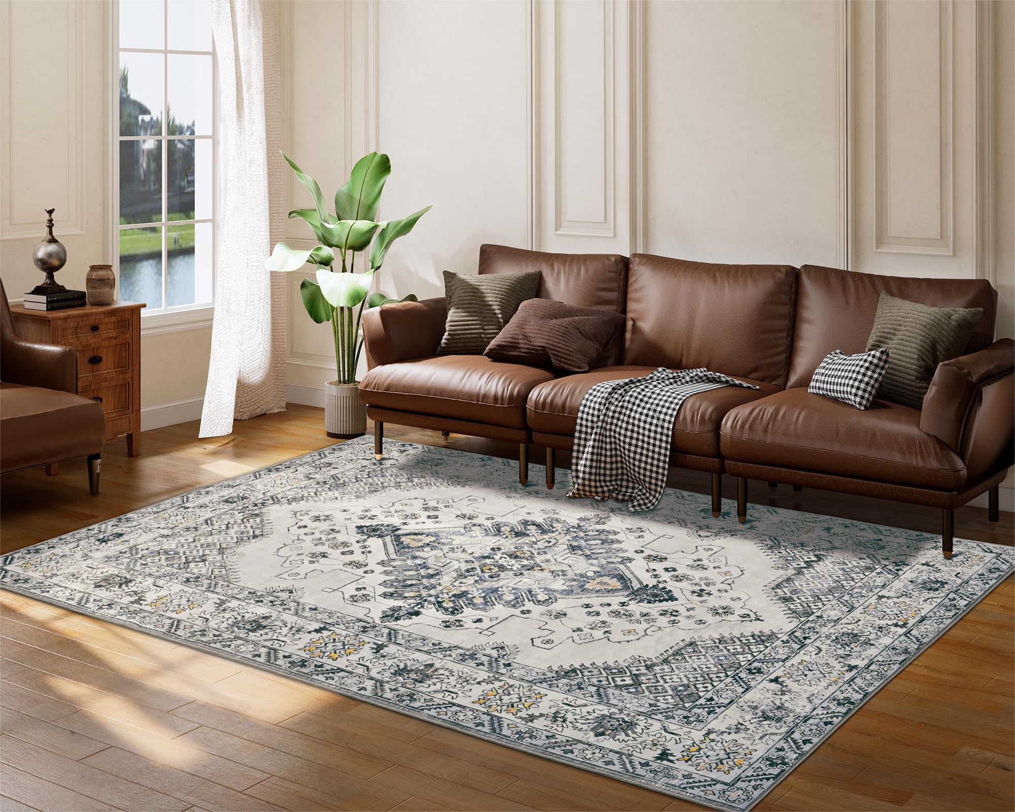 Wasbable Area Rug 5x7 Bedroom - Living Room Stain Resistant Thin Rugs with Rubber Backing - Large Grey Indoor Floor Carpet for Dining Room Office,Grey/Cream
