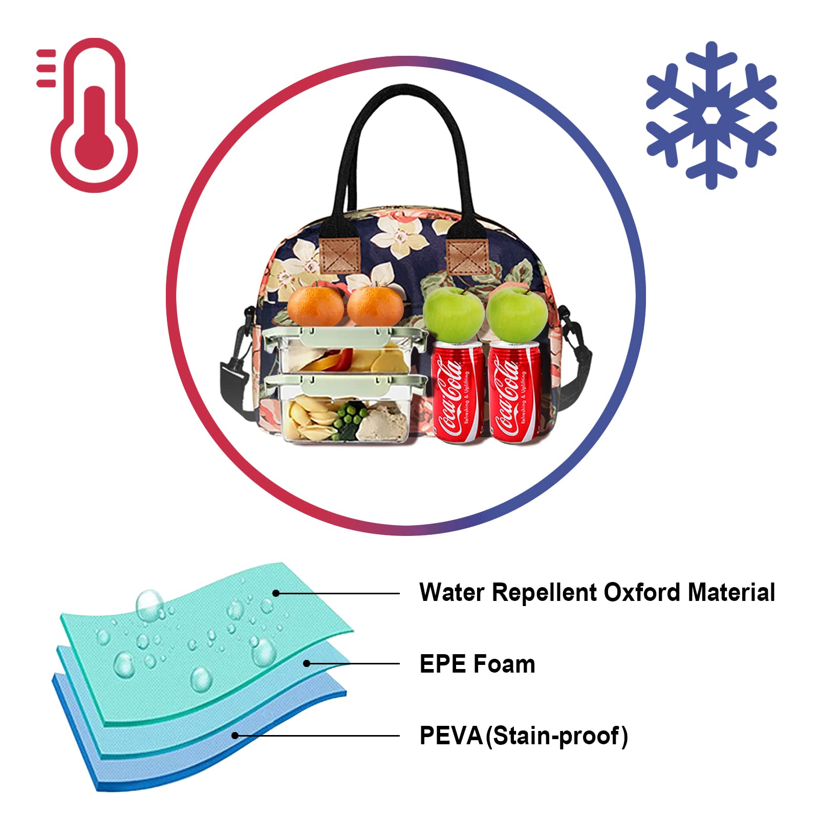 WOOMADA Insulated Lunch Bag for Women/Men, Reusable Lunch Box for Office Picnic Camp Beach, Lunch Tote Bag, Leakproof Lunch Cooler Bag with Adjustable Shoulder Strap(Cyan Rose)